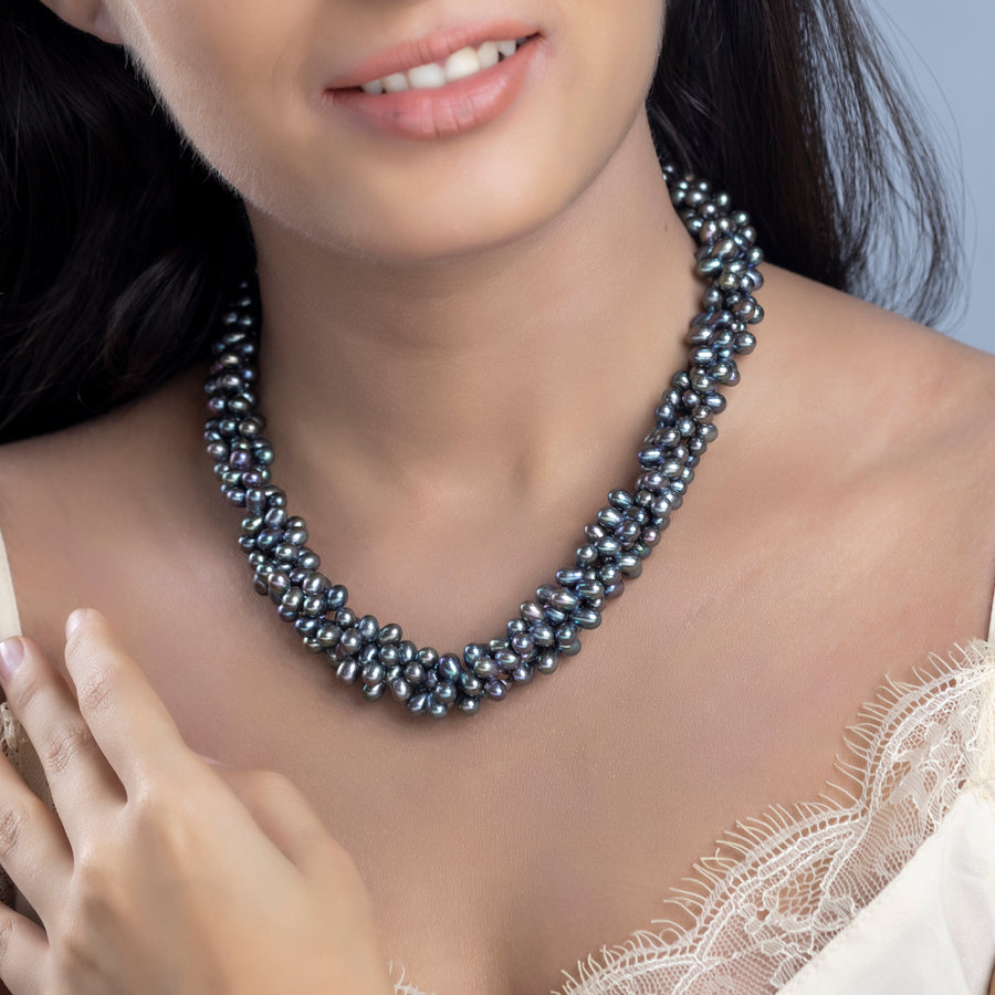 Freshwater Blueish Black twisted 3 LINE twisted Pearl Necklace