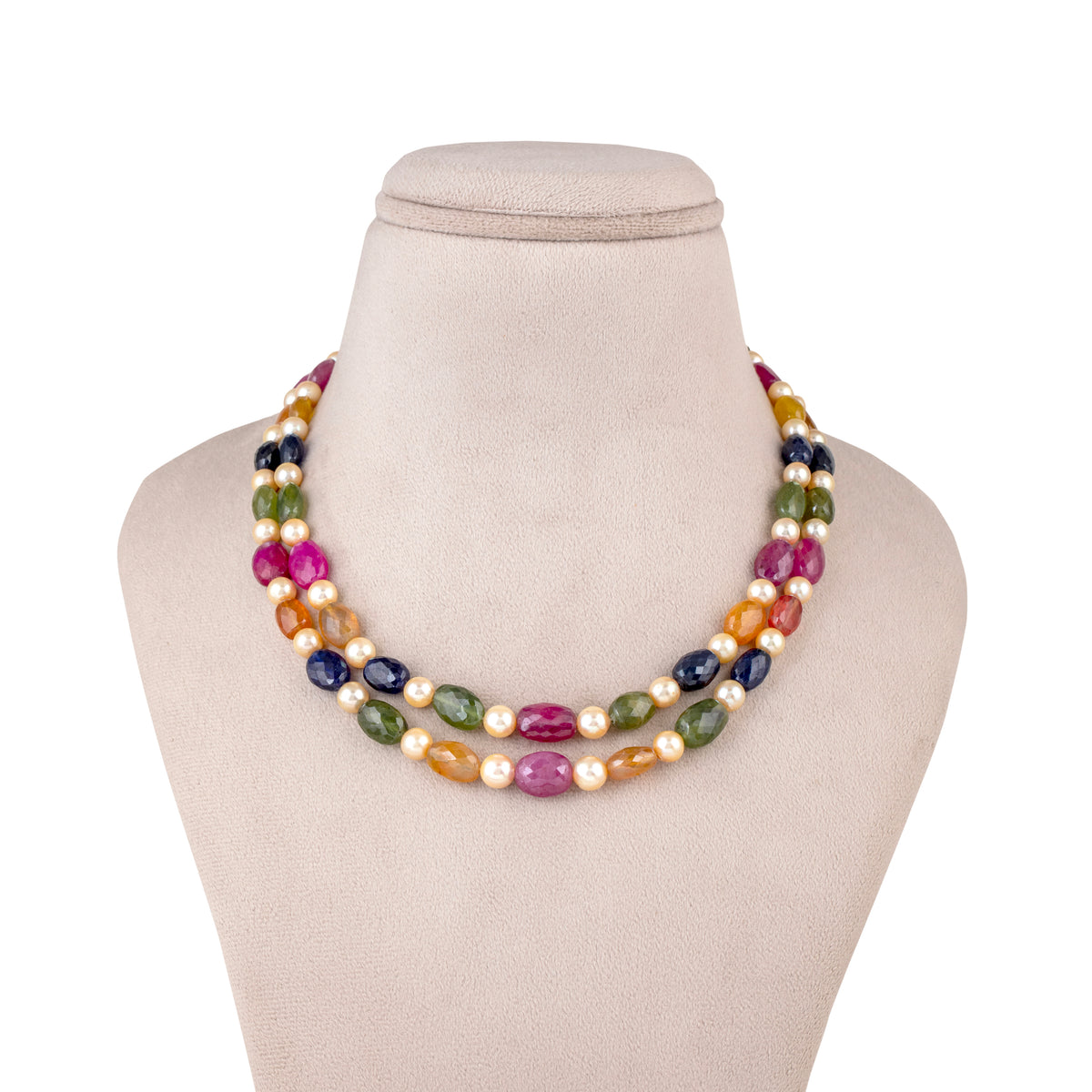 Multicolour Sapphire and Japanese Pearl Two-Line Necklace